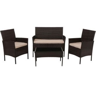 Hhg [JAMAIS UTILIS&Eacute;] Ensemble de jardin en poly rotin HHG-069, ensemble de salon, m&eacute;tal verre tissu/textile (180g/m&sup2;), brun, coussin cr&egrave;me