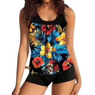 Generic Ensemble tankini imprim&eacute; conservateur pour femme - Maillot de bain fendu &agrave; motif floral avec coussinets de soutien-gorge int&eacute;gr&eacute;s et short boyshort, m
