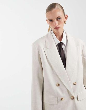 Asos Eleganter, zweireihiger Blazer in Natur mit Leinenanteil-Neutral