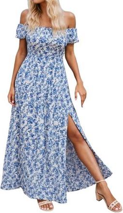 Generico Robes longues fluides &agrave; manches courtes pour femme Robe d&eacute;t&eacute; boh&egrave;me &eacute;l&eacute;gante avec imprim&eacute; floral Robe de plage l&eacute;g&egrave;re, bleu, XX-Large