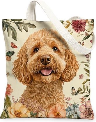 Generic Sac fourre-tout en toile motif chien griffonn&eacute; dor&eacute; printemps 33 x 38,1 cm, sac d&eacute;picerie r&eacute;utilisable pour femme, animal de compagnie, peinture cadea