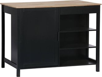 Sweeek Sweeek - lot central de cuisine molene. plateau en bois dhévéa. 120x75cm. noir. 5 étagères. 1 porte. 1 tiroir. l 120 x p 75 x h 90cm
