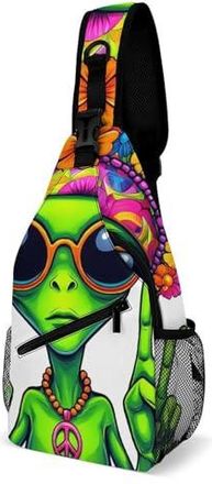Generic Polyester Sacoche Homme Bandouliere Art drôle de marijuana extraterrestre de paix Sling Bag Durable,Casual Sac Poitrine pour école Randonnée Homme