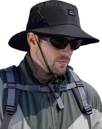 Feoya Noir Chapeau de Soleil à Large Bord Anti UV Homme Chapeau de Pêcheur Randonnée Cowboy Pliable