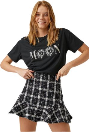 Koton Rundhals Kurzarm Bedrucktes T-Shirt Damen, Schwarz (999), M