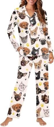 CHAQLIN Ensemble de pyjama mignon pour femme, ensemble de pyjama 2 pièces, à manches longues, ensemble de détente à boutons, vêtements de nuit, Animal amusant