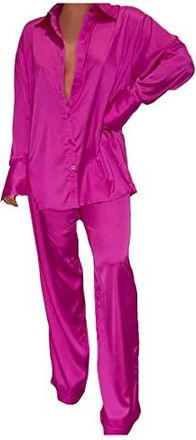 Generic 2026 Femme Ensemble 2 Pi&egrave;ces Costume Satin Bouton Manches Longues Chemisier Blouse + Pantalon Ensemble de Pyjama Jogging Yoga Outfits