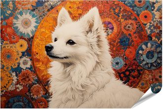 Islandburner Prime XXL Bild Poster Weißer Hund vor buntem Blumenhintergrund (2) Premium Bilder Fotodruck