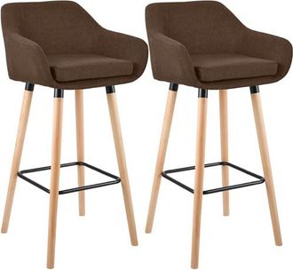 Clp Lot de 2 tabourets de Bar rembourr&eacute;s avec Dossier Grant, chaises de Bar en Tissu, pi&eacute;tement en Bois, capacit&eacute; de Charge jusqu&agrave; 150 kg, Couleur:Marron