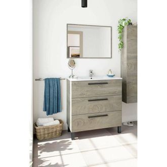 Dmora Dmora - Meuble de comptoir Palmdale, Armoire de toilette, Armoire avec 3 tiroirs et miroir, évier non inclus, cm 80x45h86, Chêne