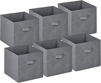 Relaxdays Aufbewahrungsbox, 19 l, Ordnungsbox aus Stoff, 6er-Set, HBT 26,5x28x28cm, Faltbarer Regalkorb, Griff, hellgrau