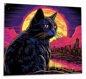 Wallario Herdabdeckplatte/Spritzschutz aus Glas, 2-teilig, 60x52cm, für Ceran- und Induktionsherde, Katze unter Vollmond