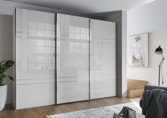 Wiemann Rialto Kleiderschrank, Schwebetürenschrank, Schlafzimmerschrank, mit Schiebetüren, Breite 250 cm, in weiß, Glas weiß, Holz, B/H/T 250x236x67 cm