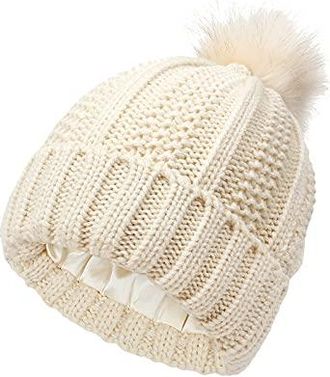 Generic Casquette de baseball en tricot pour femme avec bonnet dhiver tricot&eacute; pour femme - Bonnet chaud &agrave; pompons r&eacute;tro, beige, Taille unique