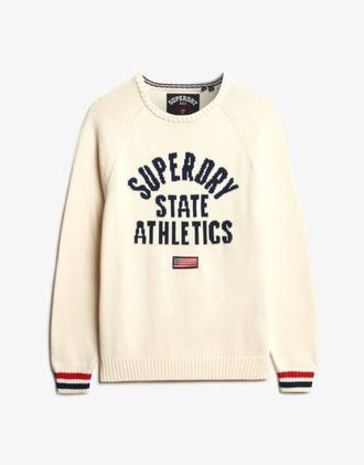 Superdry Pull ample &agrave; inscription en maille jacquard intarsia - Blanc cass&eacute;