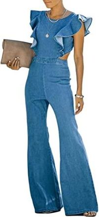 Minetom Combinaison en Jean pour Femme Ete Élégant Manches Courtes Volants Bodycon Soirée Denim Pantalons Jumpsuit A Bleu M