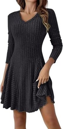 Generic Mini robe en maille c&ocirc;tel&eacute;e avec col en V et manches 3/4 dans une silhouette ajust&eacute;e et &eacute;vas&eacute;e pour une tenue d&eacute;contract&eacute;e par temps froid, gris fonc&eacute;