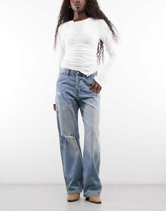 Monki jean large coupe droite style workwear d&eacute;lav&eacute; bleu