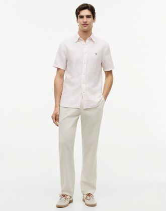 Tommy Hilfiger Kurz&auml;rmliges Leinenmix-Hemd in Hellrosa mit regul&auml;rer Passform und Bengal-Streifen