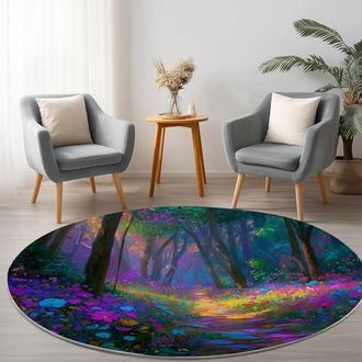 Generic Fantaisie Couleur Doux Tapis Rond 100 cm, Lavable Antid&eacute;rapant Poil Ras Carpet, Motif Chemin Fleurs For&ecirc;t Descente de Lit Chambre Adulte Salon Salle a