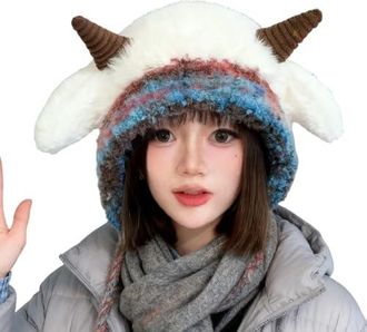 Generico Chapeau avec animaux en peluche - Polyester, 53-58 cm, chapeau avec animaux tricot&eacute;s, chaud dhiver | Bonnet dhiver avec oreilles de mouton &eacute;lastique a
