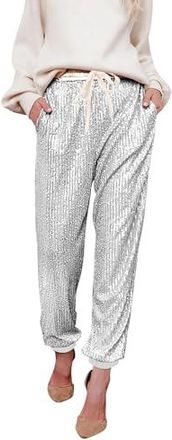 Generic Pantalon sarouel &agrave; paillettes pour femme - Taille haute - Pantalon &agrave; paillettes avec taille &eacute;lastique et cordon de serrage - Pantalon &agrave; sequins - Pour