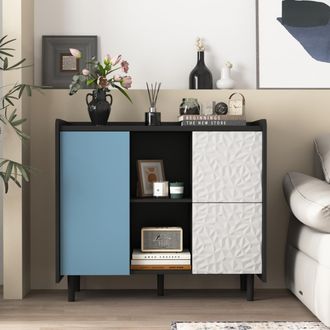 Generic HUQIQWE Sideboard Schwarz Buffetschrank Mit Blauen T&uuml;ren 2 Schubladen 2 Offene F&auml;cher MDF 90x40x80 cm K&uuml;chenbuffet Anrichte Als Kaffeebar F&uuml;r K&uuml;che Es