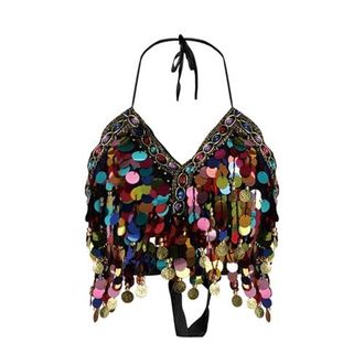 Generic D&eacute;bardeur &agrave; paillettes pour femme, col dos nu, t-shirt Y2K pour femme, t-shirts d&eacute;contract&eacute;s &agrave; manches longues, avec pompons, haut l&eacute;ger pour festival