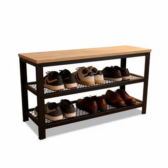 Relaxdays Schuhbank, f&uuml;r 6 Paar Schuhe, HxBxT 45 x 73 x 30 cm, 2 Gitterablagen, Sitzbank in Holzoptik, Hellbraun/schwarz