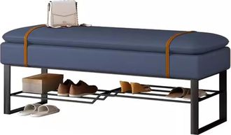 Generic 2-stufige Schuhbank for Den Eingangsbereich Mit Gepolsterter Sitzfläche Aus PU-Leder Und Schwarzen Metallbeinen for Flur Und Wohnzimmer(Blue,100 x 36 