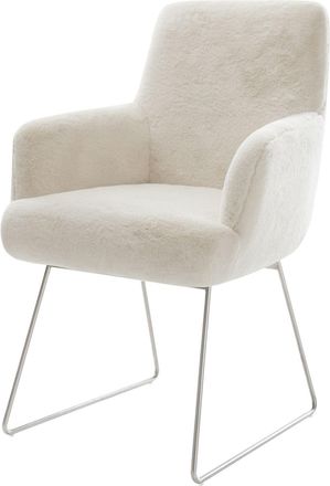 DELIFE Polsterstuhl Heira-Flex mit Armlehnen Kufengestell Edelstahl Pl&uuml;sch Creme-Wei&szlig; Taschenfederkern