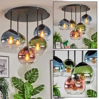 HOFSTEIN Deckenleuchte Koyoto, 5-flammige Deckenlampe aus Metall/Glas in Schwarz/Blau/Grün/Kupfer/Klar, Leuchte im Retro/Vintage-Design (Schirme Ø 15 cm), E14,