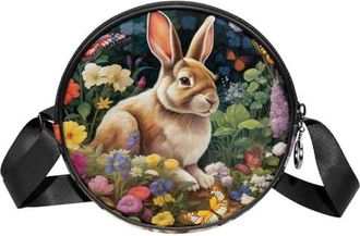 Generic Petit sac &agrave; bandouli&egrave;re circulaire pour femme, motif floral, lapin, sac &agrave; dos &agrave; bandouli&egrave;re avec fermeture &eacute;clair, bretelles r&eacute;glables, sac &agrave; main ron