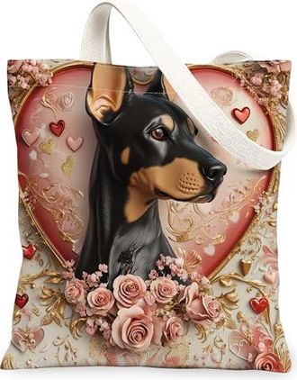 Generic Doberman Sac fourre-tout en toile pour le shopping 33 x 38 cm, sac d&eacute;picerie r&eacute;utilisable pour femme, animal de compagnie, peinture, d&eacute;coration cadeau