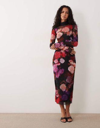 AFRM robe midi en tulle &agrave; manches longues et col montant &agrave; imprim&eacute; floral noir