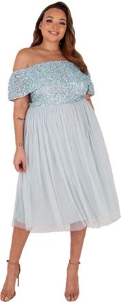 Maya Damen Ladies Bardot Dresses Women Midi High Empire Waist Sequins Embellished Formal Evening for Wedding Guest Brautjungfernkleid, Ice Blue, 28