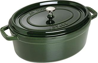 Staub Gusseisen Bräter/Cocotte, Oval 33 cm, 6,7 L, Aromaregen Funktion für optimale Befeuchtung, Für alle Herdarten inkl. Induktion & Backofen, Basilikum/Gr