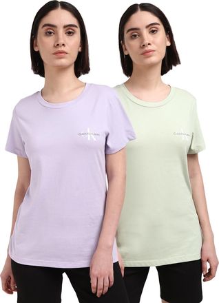 Calvin Klein Jeans Damen 2er Pack T-Shirts Kurzarm Monologo Slim Rundhalsausschnitt, Mehrfarbig (Celadon Green/Pastel Lilac), XXS