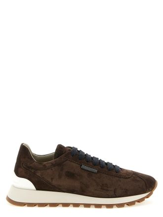 Brunello Cucinelli Suede with Jewelled Tab Sneaker - Brown