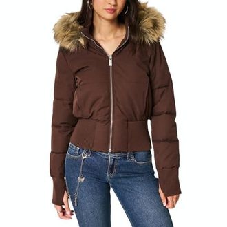 Generic Doudoune courte &agrave; capuche en fausse fourrure pour femmes, v&ecirc;tement dext&eacute;rieur chaud matelass&eacute; et rembourr&eacute; (marron, taille S)