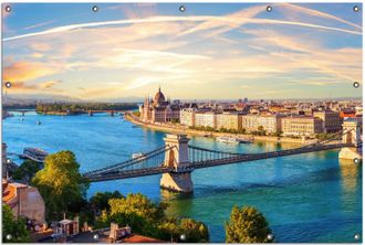 Wallario Outdoor-Poster f&uuml;r Garten oder Balkon Metropole an der Donau, Motivbanner Gr&ouml;&szlig;e: ca. 120 x 180 cm, Outdoor-Bild