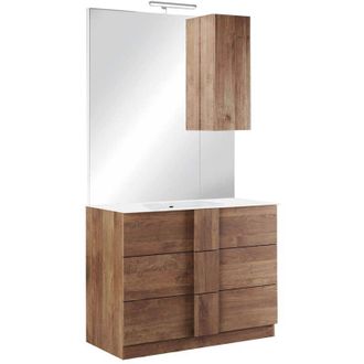 Altobuy Meuble Vasque 82cm 3 tiroirs + Miroir aspect bois finition Mercure - ZEUS