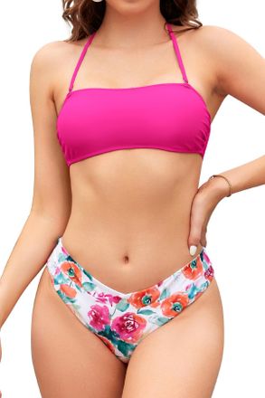 SHEKINI Bikini Set Damen Verstellbar Bandeau Halter Spitze Bikini V Schnitt Bikinihose Zweiteilige Badeanzug (X-Large, Rosa)