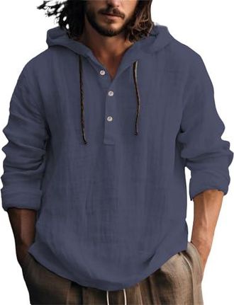 Generic Chemises en lin pour homme, chemise &agrave; manches longues, chemises Henley &agrave; capuche, couleur unie, grande taille, chemise d&eacute;t&eacute; surdimensionn&eacute;e, hauts &agrave; d