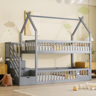 Myboo Etagenbett 90x200, Kinderbett Hochbett f&uuml;r 2 Kinder, Hausbett mit Treppe&Schubladen&Dach&T&uuml;r, Holzbett mit Rausfallschutz&Lattenrost, Bettgestell Juge