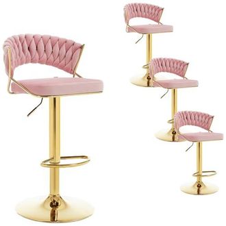 Woltu Lot de 4 Tabouret de Bar avec Dossier Tissé et Repose-Pieds, Tabouret Pivotant, Hauteur Réglable, Base Évasée en Métal + Siège en Velours, Rose, BH427