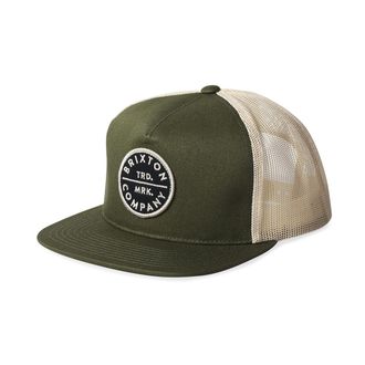 Brixton Pledge, Mesh Snapback Trucker Cap, Mens Medium Profile, Adjustable, Flat Wide Brim Hat, Cotton & Polyester Blend, Military Olive/Off White, One Size