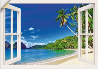 Artland ARTland Wanddeko Wandtattoo selbstklebende Vinylfolie 100x70 cm Fensterblick Karibik Südsee Strand Meer Insel Palmen Meerblick S9IB
