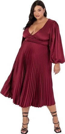 Lovedrobe Damen Pleated Midaxi Dress Ladies Evening Gown V Neckline Back Keyhole Long Sleeve Bishop Satin Burgundy A Line Kleid, Red, 26