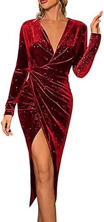 ORANDESIGNE Robe de Soirée Longue Femme Robe en Velours Fente Latérale Paillettes Robe Portefeuille Cocktail Manches Longues Col en V Chic et Elegante Robes Clubb